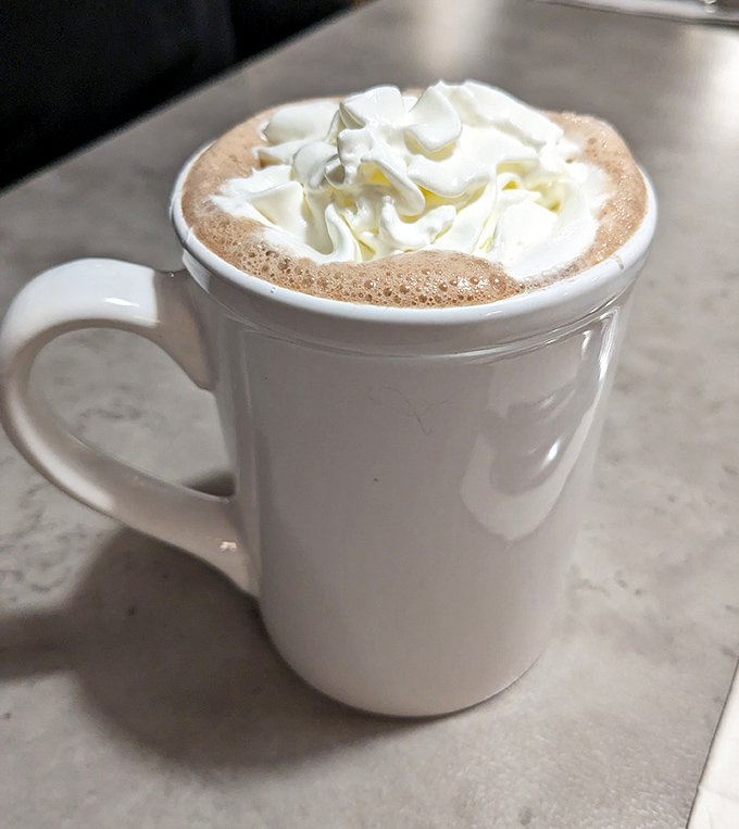 Hot chocolate elevated to art form with a cloud of whipped cream. Dessert masquerading as a beverage&mdash;nobody's complaining.