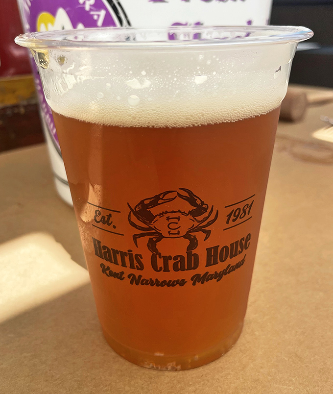 A cold beer in a Harris Crab House cup&mdash;because cracking crabs is thirsty work. The perfect partnership since seafood and suds first met.