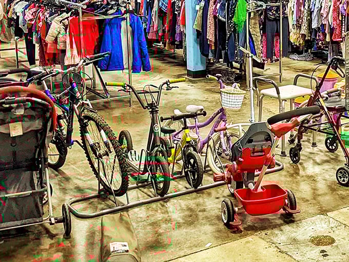 A fleet of bicycles stands ready for new adventures. From first training wheels to commuter rides, these wheels are ready to roll again.