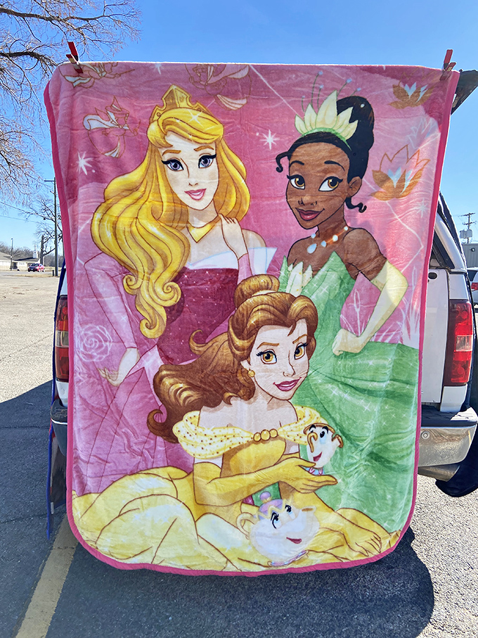 Disney princesses hanging out at a flea market. Even Belle, Aurora and Tiana understand the appeal of a good bargain-hunting adventure!
