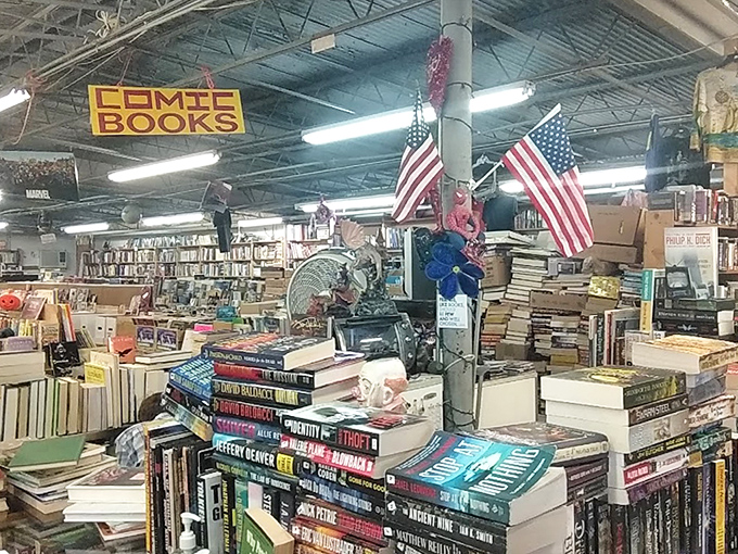 Comic book kingdom where superhero adventures await between dusty pages. The American flags suggest these stories are national treasures.