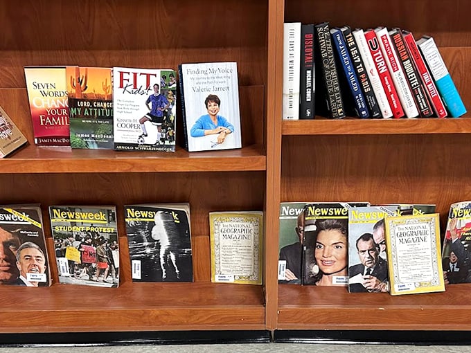 The book section offers literary time travel, with vintage magazines and self-help titles that capture moments frozen in cultural amber.