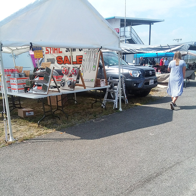 "Everything must go!" proclaims the sign, where power tools and gadgets await DIY enthusiasts who believe every garage needs "just one more" saw.