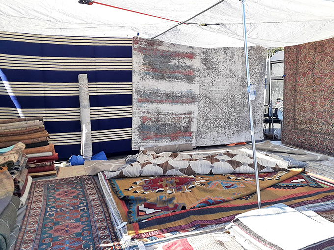 A carpet dealer's paradise unfolds under the California sun, each rug a magic carpet ready to transport your living room to another era.