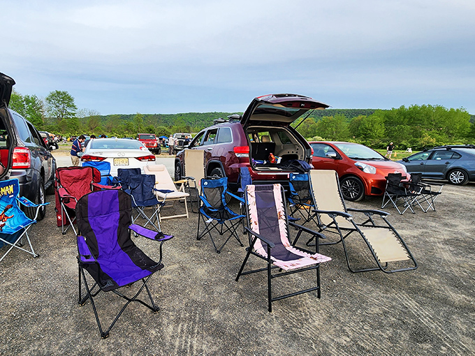 Patrons create their own viewing lounges with chairs strategically arranged for optimal screen visibility and snack accessibility.