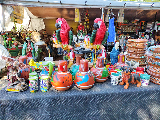 Colorful ceramic menagerie that would make your grandmother both confused and delighted. Those parrots have seen things in their market travels.