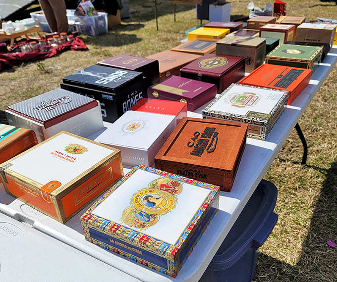 Cigar boxes that once held Cuban dreams, now perfect for storing your grandmother's button collection.