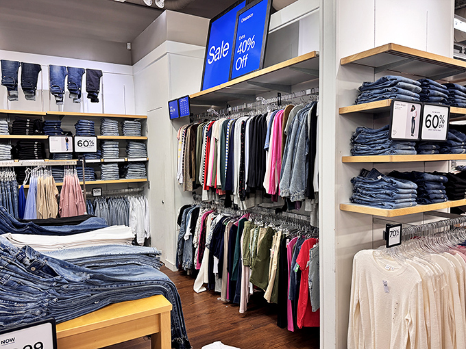 Racks upon racks of denim and casual wear, where "60% off" signs work their psychological magic on your wallet.
