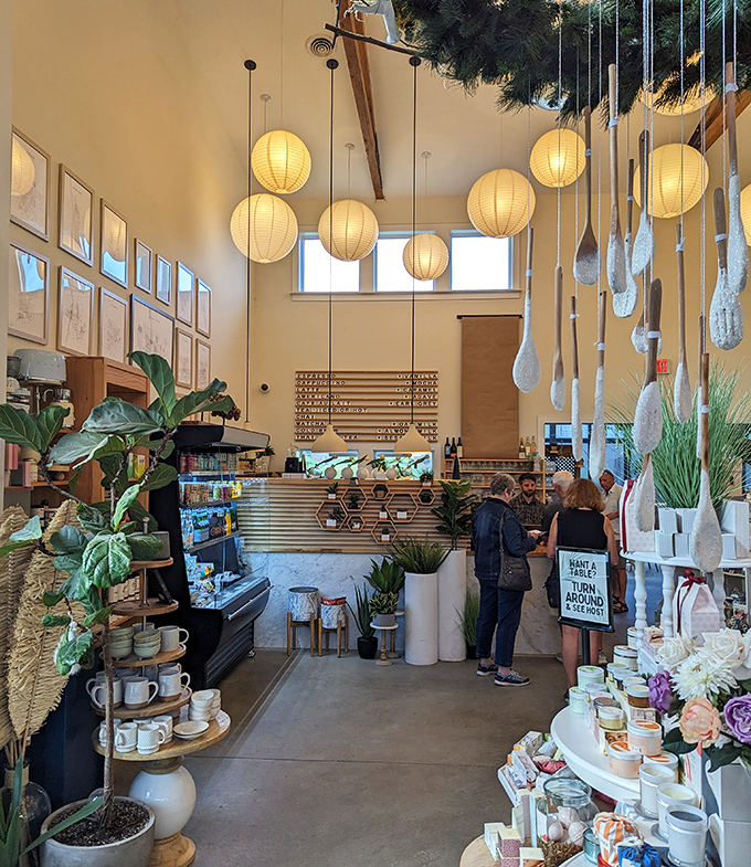 Paper lanterns cast a warm glow over this retail space, where coffee and home goods coexist in perfect harmony like old friends.
