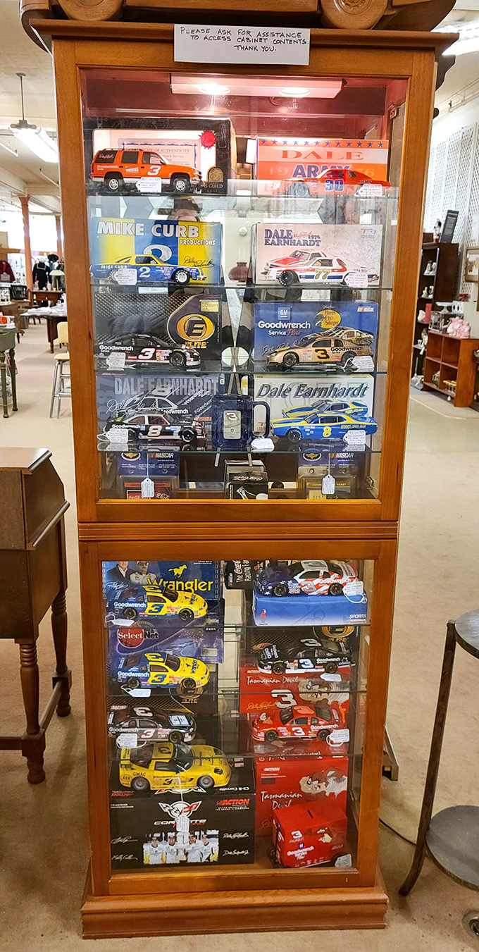 NASCAR history preserved under glass. Dale Earnhardt's legacy lives on in miniature, each tiny car a monument to American racing culture.