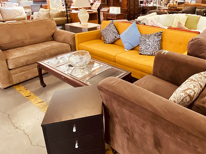 Furniture arrangements that could anchor any living room while telling stories of previous homes.