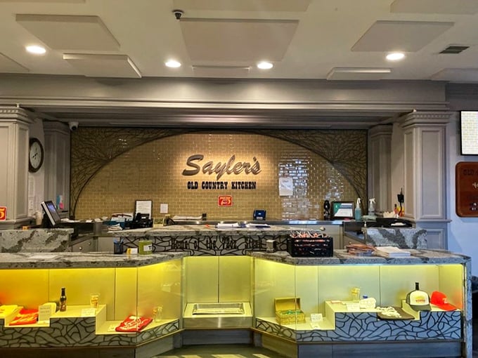 The display counter showcases Sayler's history and famous challenge. Those glass cases contain the dreams and nightmares of competitive eaters everywhere.