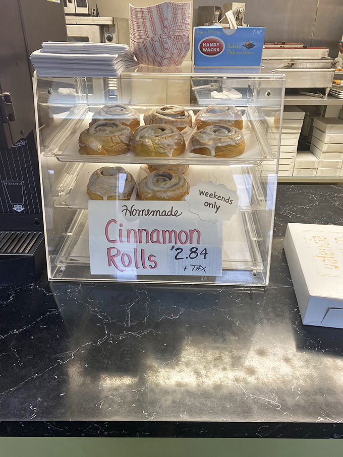 Weekend-only cinnamon rolls behind glass—the bakery equivalent of a limited-edition vinyl record. Get them before they're gone or wait seven days.