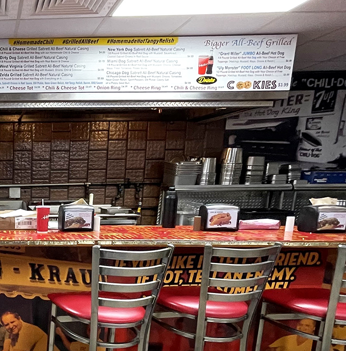 Counter seating that invites conversation with strangers who quickly become friends united by their appreciation for a proper hot dog.