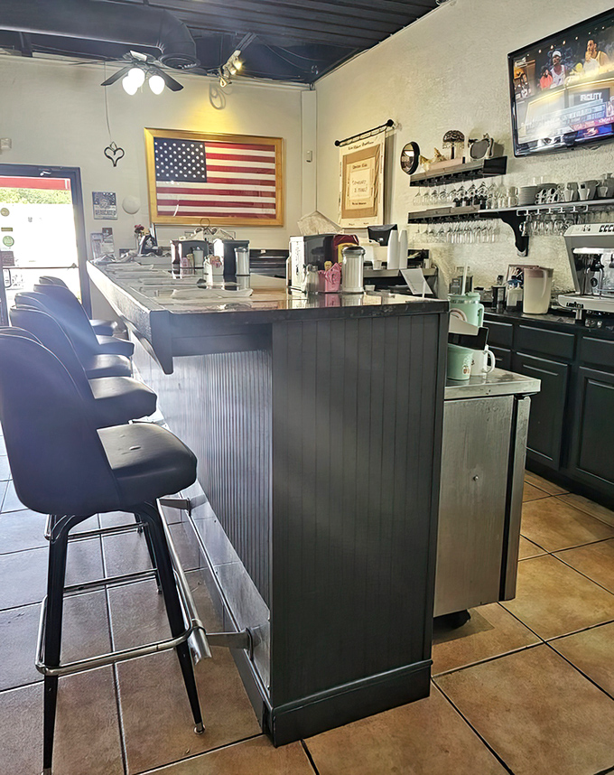 Counter seating offers front-row tickets to the culinary magic show happening behind the kitchen window daily.