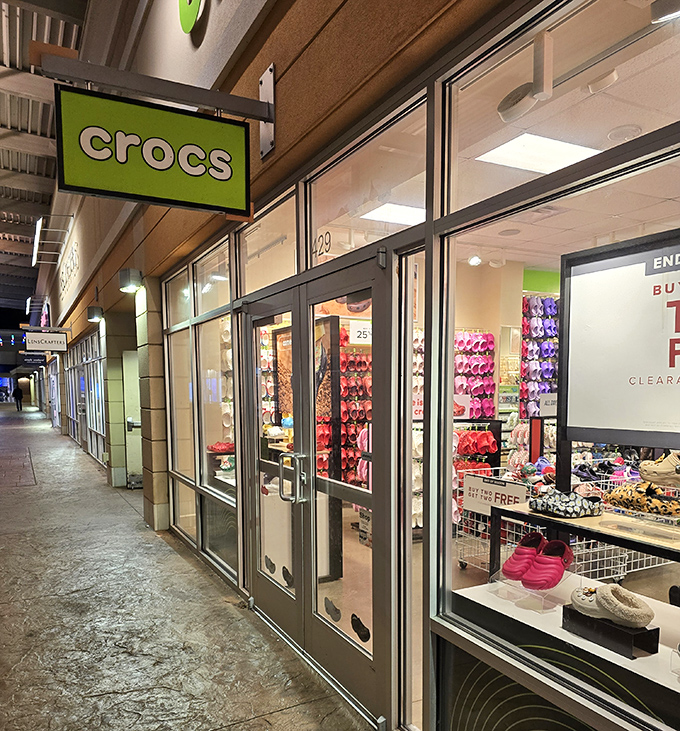 A rainbow of comfortable footwear awaits! The Crocs store displays enough colors and styles to either delight or horrify your fashion-conscious friends.