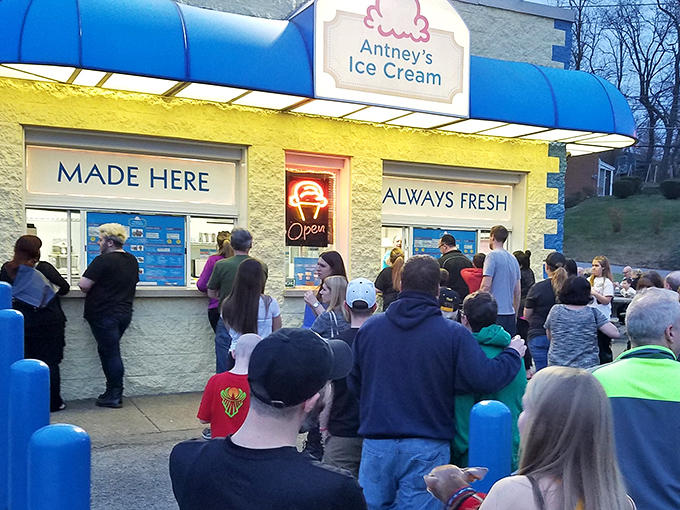 The evening crowd gathering outside Antney's&mdash;a testament that great ice cream creates community faster than any social network.