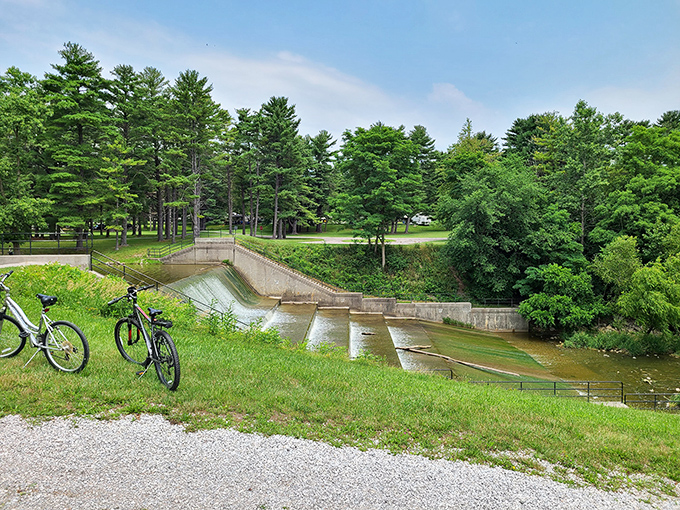 Engineering meets nature. The dam creates a peaceful cascade that sounds like nature's own white noise machine.