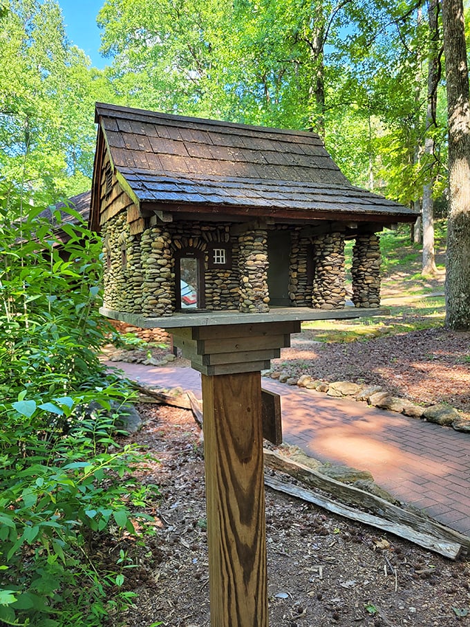 Not your average mailbox! This miniature stone cabin pays homage to the park's CCC-built structures &ndash; architectural whimsy meets historical tribute.