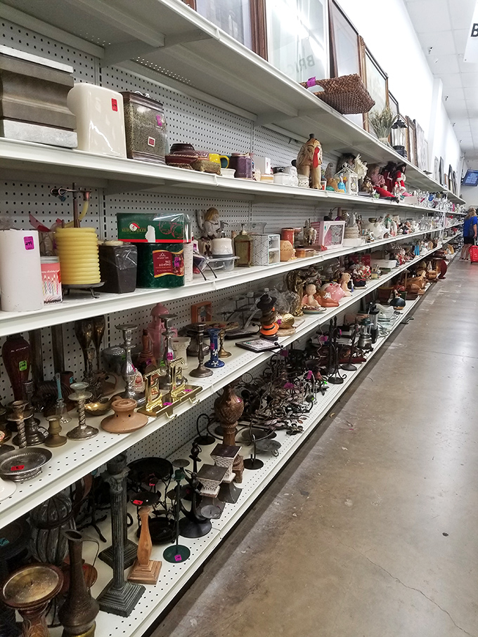 This aisle of decorative treasures is like archaeology without the dirt. Each shelf tells stories of homes, holidays, and questionable gift exchanges past.