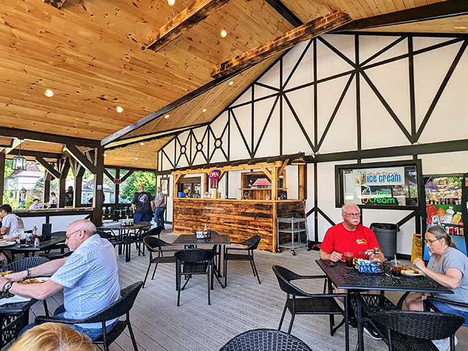 The covered patio offers Bavarian timber-frame views of Helen's charming streetscape&mdash;al fresco dining with architectural eye candy.