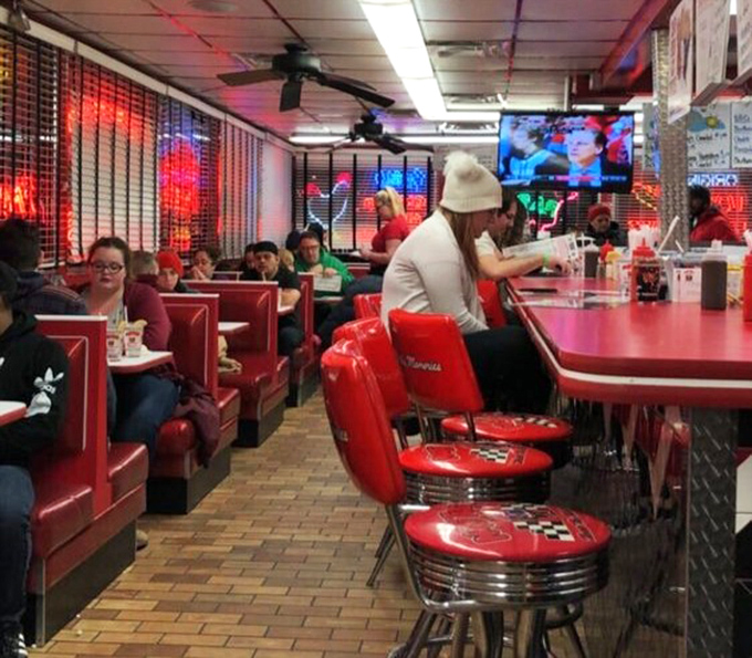 The dining area buzzes with the happy chatter of people who've collectively agreed that today is not the day to count calories.
