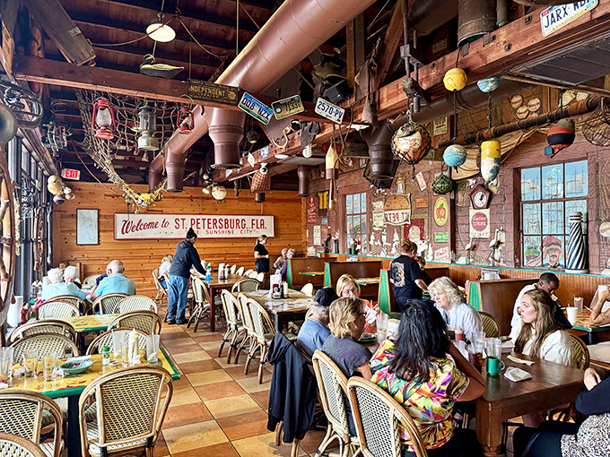 Happy diners enjoying the kind of meal that creates instant vacation memories, even for locals.