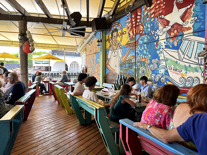 Where colorful seating meets colorful conversation. The outdoor deck at Garcia's proves that the best seasoning for seafood is fresh air.