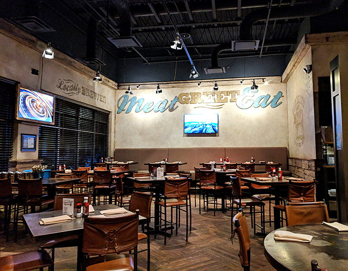 Meat Greet Eat&mdash;three little words that sum up life's greatest pleasures in one convenient wall slogan.