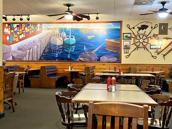 The dining room's coastal mural transports you to a New England harbor, even as palm trees sway outside the Florida windows.