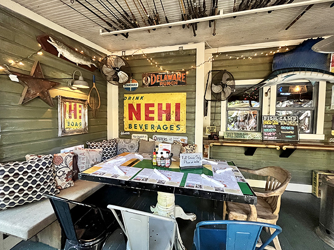 Vintage signs and weathered wood create the perfect backdrop for seafood stories that get better with each retelling.