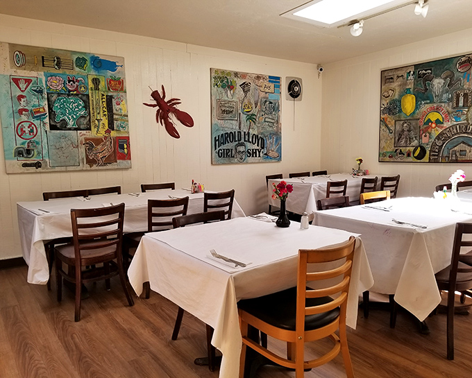 Whimsical art watches over diners in this cozy space. Each table feels like your own private Pacific Grove dining club.