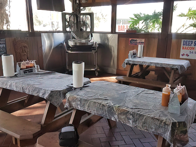 Simple tables covered in camo tablecloths &ndash; because nothing should distract you from the serious meat consumption about to occur.