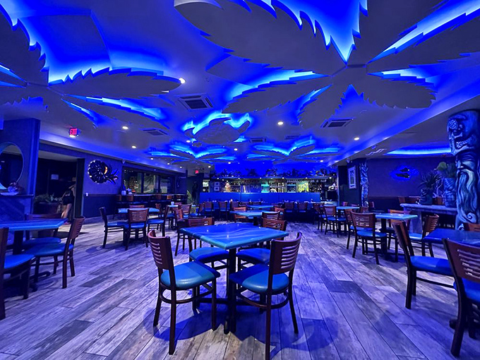 Blue lighting transforms ordinary dining into an oceanic experience. Like eating inside a perfectly temperature-controlled aquarium, minus the judgmental fish.