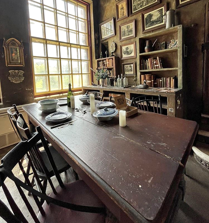 The dining room's worn wooden table and simple chairs sit beneath a flood of natural light&mdash;humble furnishings in a most extraordinary home.