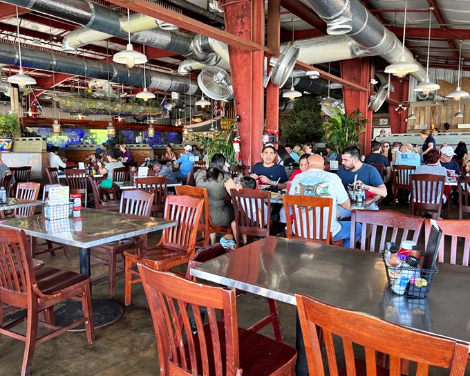 The bustling dining room hums with satisfaction&mdash;wooden chairs, metal tables, and the unmistakable energy of people having the meal of their vacation.