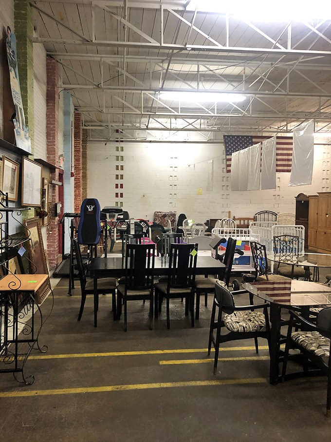 American flags and exposed brick create the perfect backdrop for dining sets that have seen countless family meals and are ready for more.