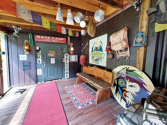 The "Base Camp" entrance welcomes sasquatch seekers with rustic charm and camping gear that looks ready for an expedition into uncharted territory.
