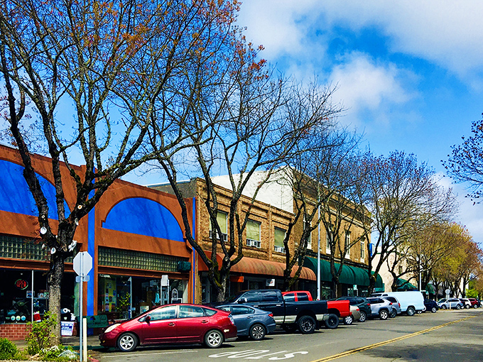 Colorful storefronts line Ukiah's main street, where awnings provide shade for window shoppers and trees add natural beauty to this walkable downtown district.