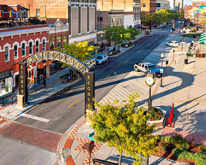 From above, St. Joseph's Welcome Arch frames a downtown that balances preservation with progress, where brick buildings tell stories of frontier ambition.