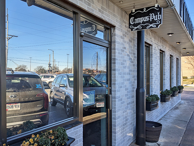 "Campus Pub" reads the sign, but locals know it's really "Carb Heaven." The welcoming entrance promises comfort food that transcends mere sustenance.