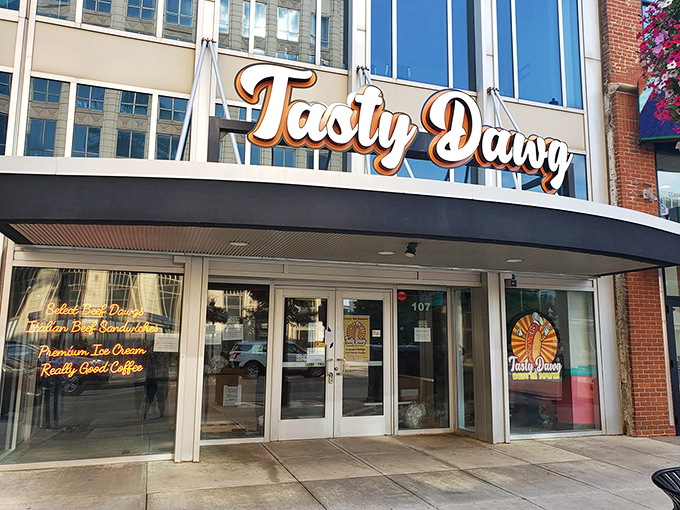 The storefront promises three essentials of happiness: Italian beef sandwiches, premium ice cream, and "really good coffee."
