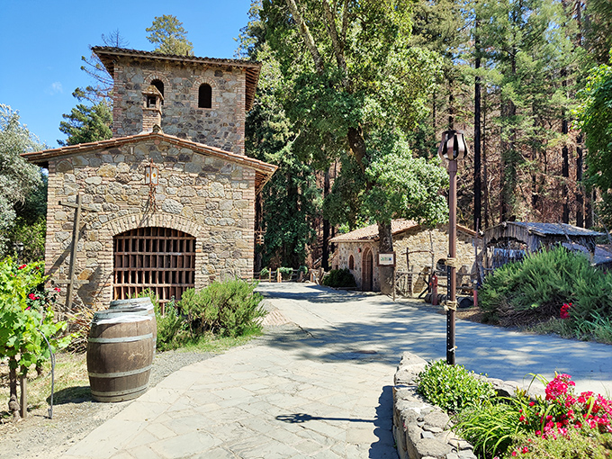 A stone outbuilding that looks plucked from an Italian countryside postcard. In medieval times, it housed soldiers; today it welcomes visitors seeking Chianti.