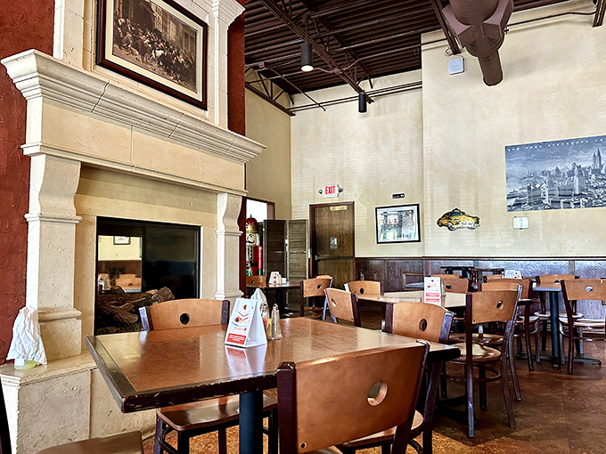 The fireplace doesn't just warm the room&mdash;it creates the perfect atmosphere for lingering conversations and second rounds. 