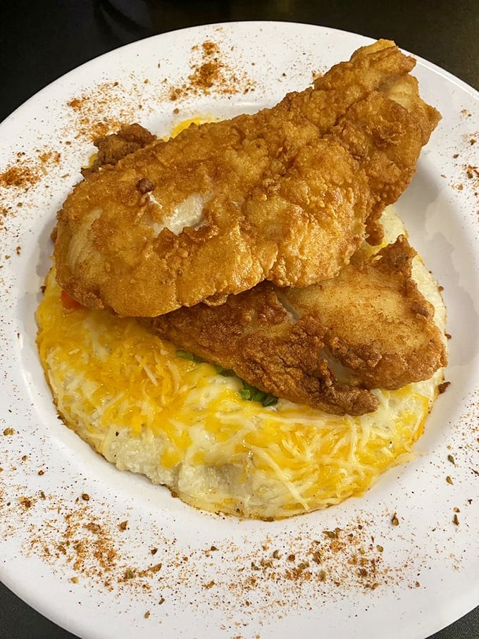 Southern comfort on a plate. The fish so perfectly fried it makes you wonder why anyone would cook it any other way.