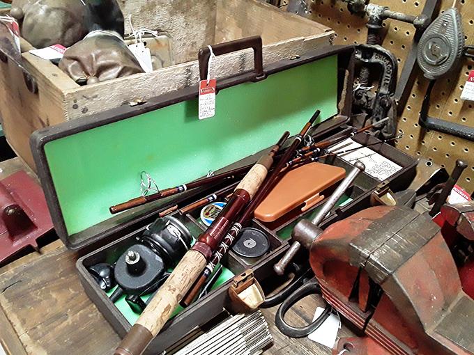 A fisherman's time capsule: vintage reels, hand-carved lures, and tackle that recalls dawn expeditions and the stories of "the one that got away."