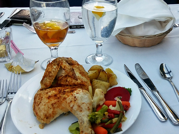 Fine dining gets rolling with perfectly prepared chicken, seasonal vegetables, and potatoes. Eating well while the world rolls by &ndash; civilization's greatest achievement.