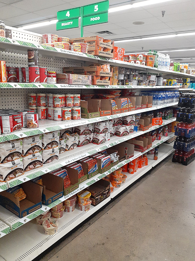 The apocalypse-ready food aisle where smart shoppers stock pantries with recognizable brands. Cooking on a budget never looked so appetizing!