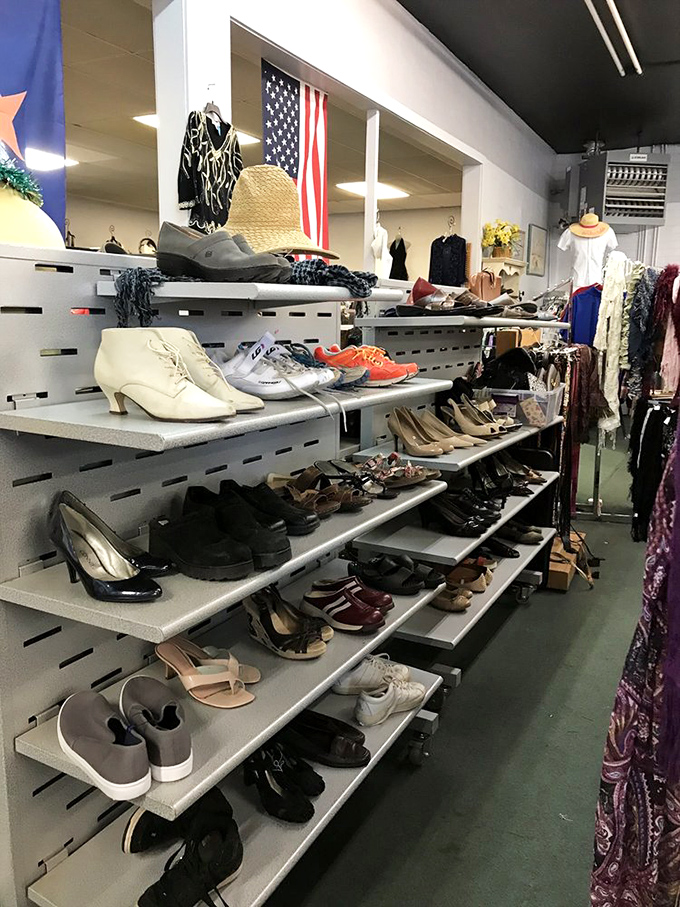 The shoe department: where hiking boots that conquered Humphreys Peak await their next mountain or just a trip to the grocery store.