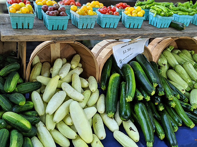 Garden-fresh zucchini and cucumbers that look like they were picked hours ago&mdash;because they probably were. Farm-to-flea-market produce at its finest.